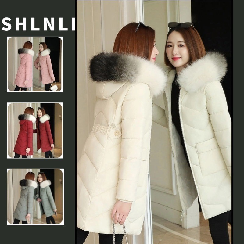 Autumn Winter Womens Slim Fit Waist Cinched Mid Length Cotton Jacket Korean Style Large Fur