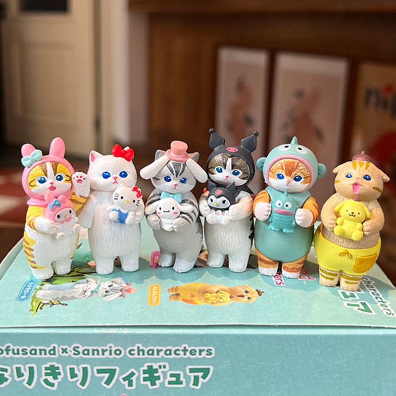 6Pcs Mofusand X Sanrio Characters Mofusand Shark Cat Cos Sanrio Blind Box Kuromi Cinnamoroll My ...