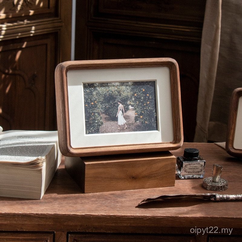 Bingkai gambar busur sudut bulat buah walnut hitam kayu pepejal, gambar dicuci, dibuat menjadi ...