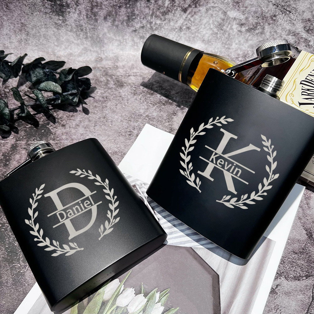 Personalized Black Matte Flask Custom Laser Engraved Flasks Letter with ...