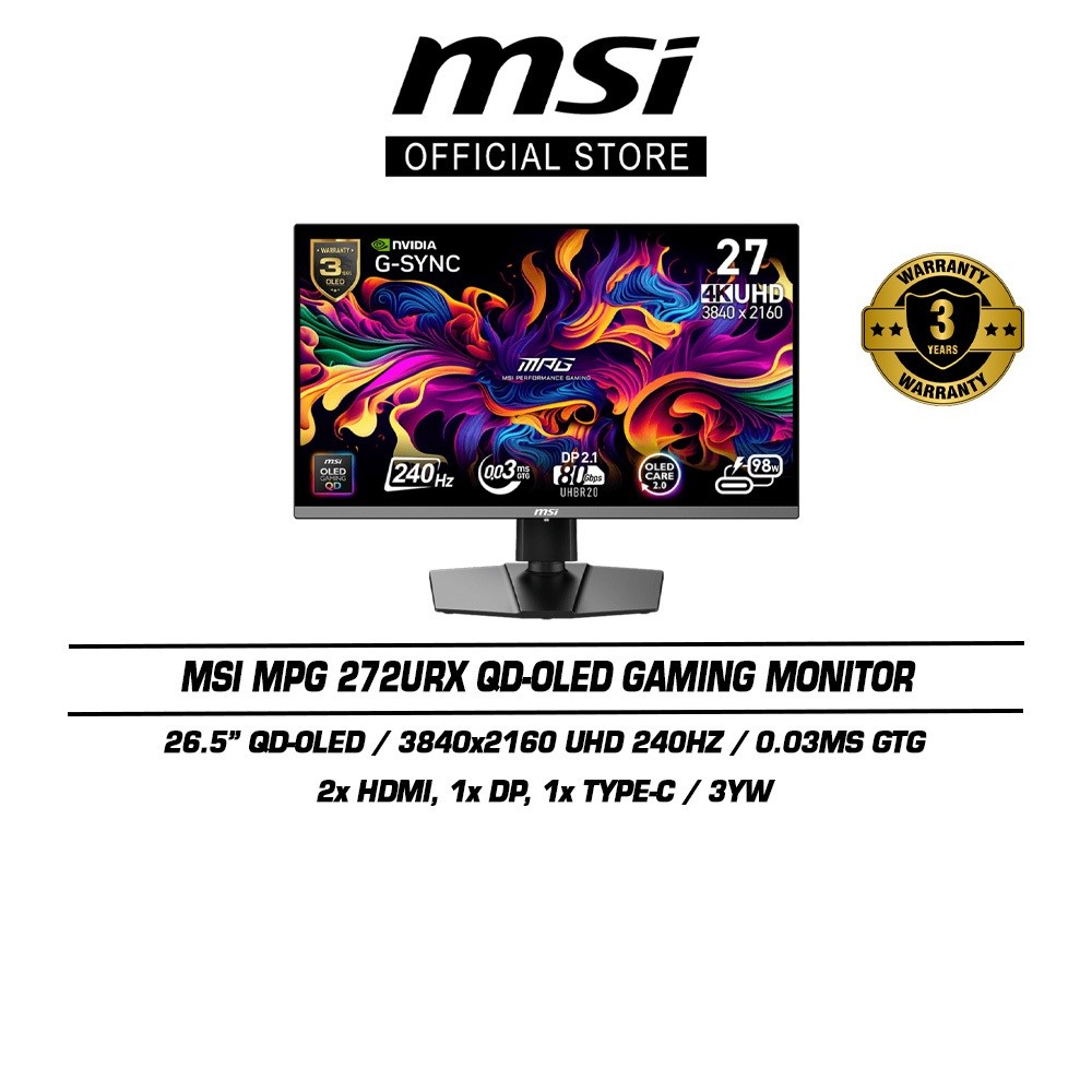 MSI MPG 272URX QD-OLED Gaming Monitor (26.5" | 4K UHD | 240Hz | QD-OLED ...