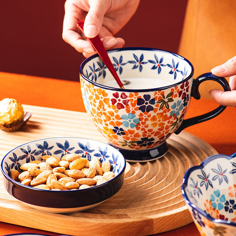 Spring Flower Coffee Cup Set Bohemian Style High Capacity Ceramic Cup ...