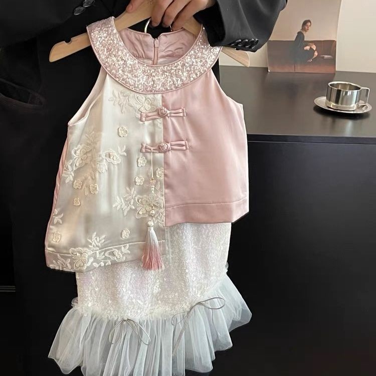 Girls New Chinese Retro Pink Hanfu Sequined Fishtail Skirt Two-Piece ...