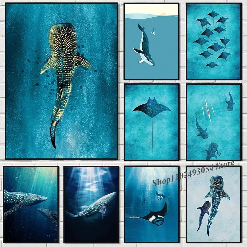 Rekaan poster ikan paus pemangsa besar, lukisan kanvas haiwan, mural ...