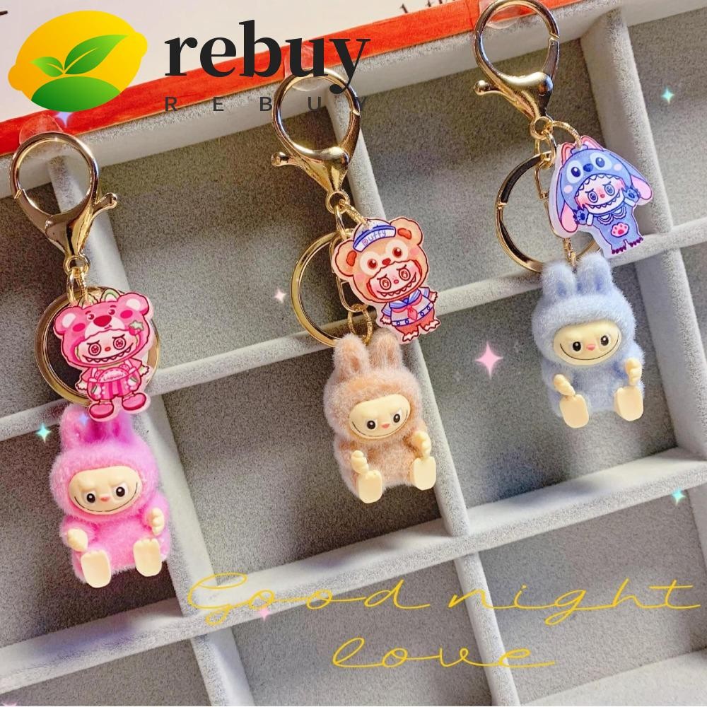 REBUY Flocking Labubu Key Ring, Acrylic Kawaii Sit Down Labubu Pendant ...