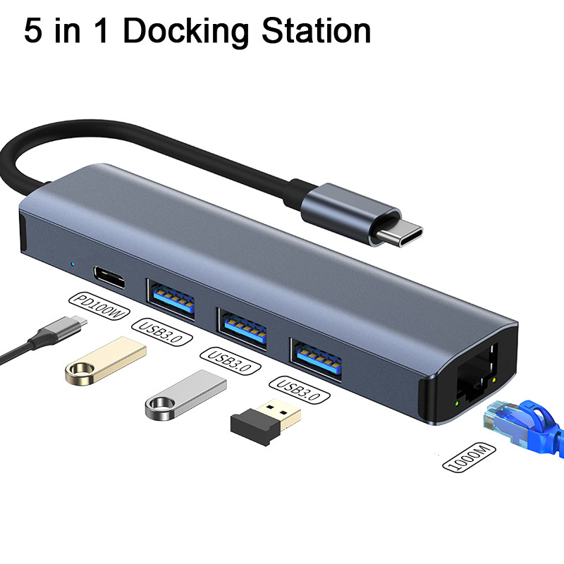 5 In 1 Usb-C Hub 3.0 1000mbps Rj45 Ethernet Hub Expansion Base Type-C ...