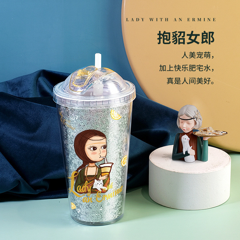 Cartoon Girl Renaissance Flashing Plastic Straw Cup Sports Water Cup ...