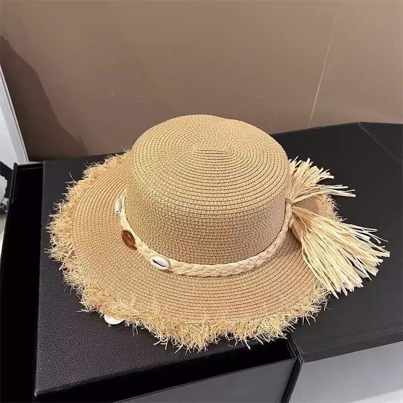 Vacation Straw Hat French Frayed Bow Shell Beach Flat Top Hat Sweet ...