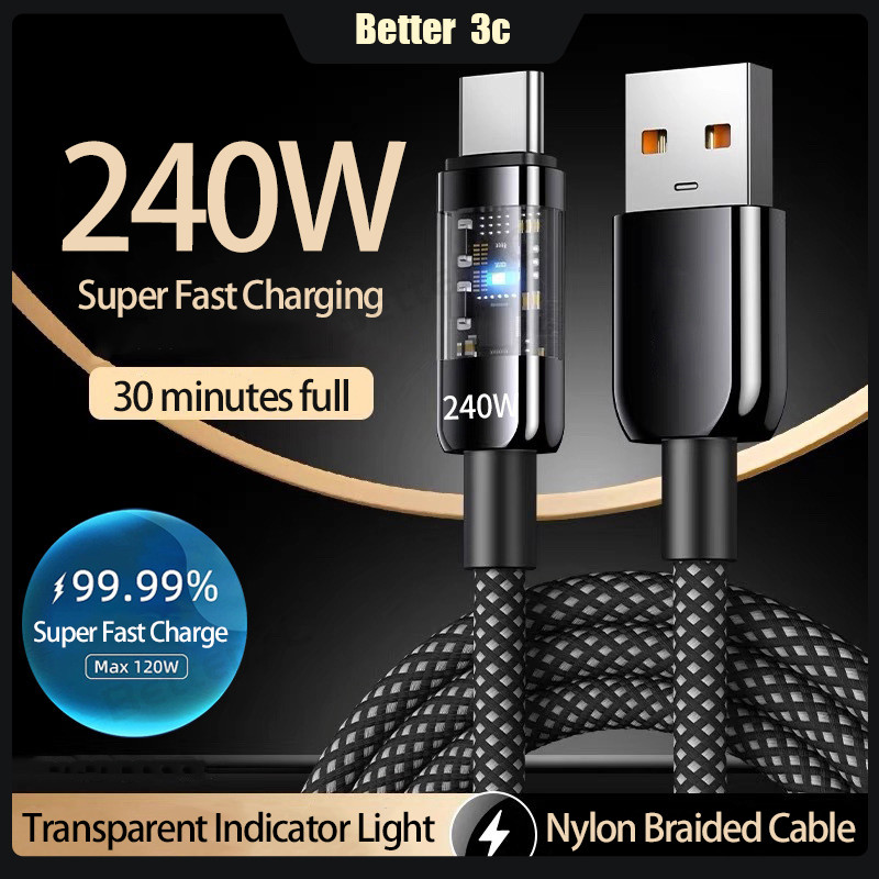 240W Transparent ultra fast charging usb data cable 10A Zinc alloy ...