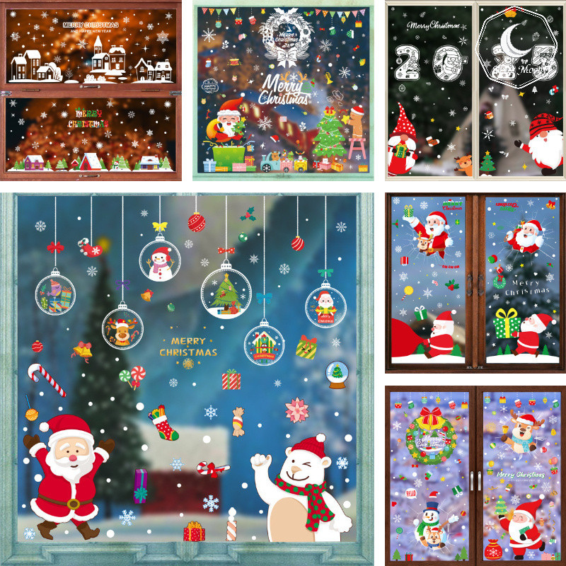 Cartoon Christmas Stickers Window Wall Door Decor Stickers Santa Elk ...