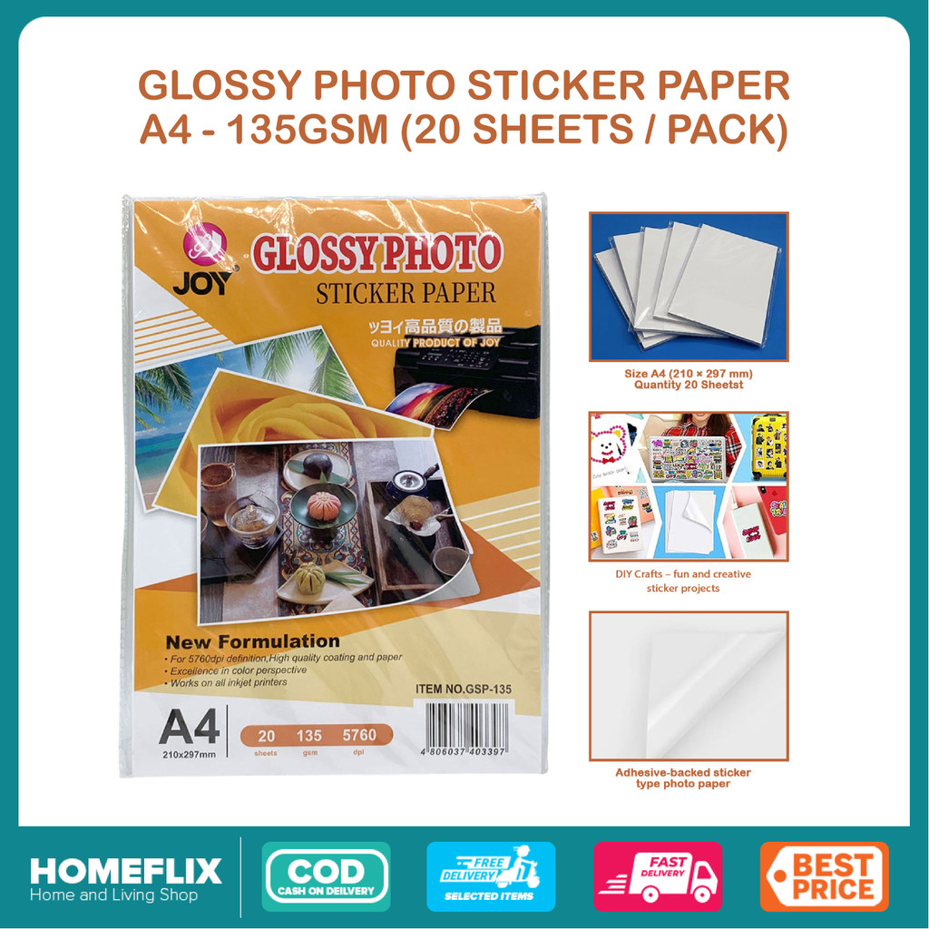 Homeflix Glossy Photo Sticker Paper A4 - 135gsm (20 Sheets) | Shopee ...