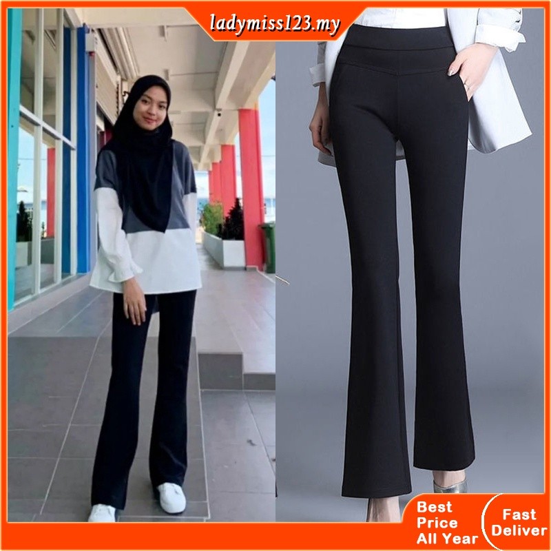 Korean Style S-4XL Bootcut Long Pants Women Casual High Waist Black ...