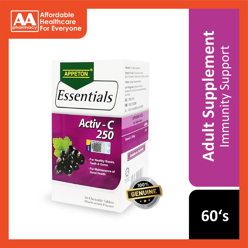 Appeton Essentials Activ-C 250mg Blackcurrant Chewable Tablet 60's ...