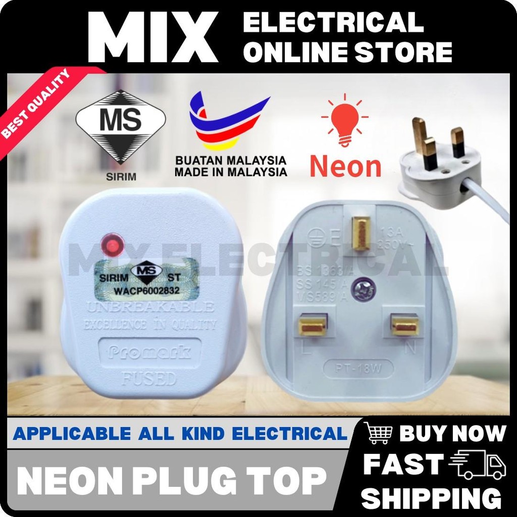 [SIRIM] White 13A 3 Pin Plug Top Neon / 3Pin Approved Plug Top Neon ...