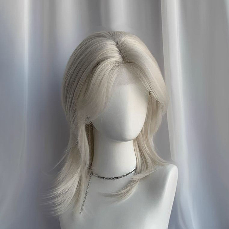 Wig Female Forehead Lace Wolf Tail Short Curly Hair cos Dress Up White ...