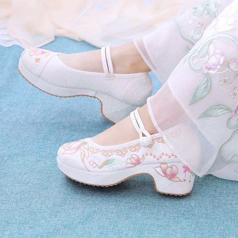 Hanfu Shoes Women Ancient High-Heeled Ethnic Embroidered Shoes Beef ...