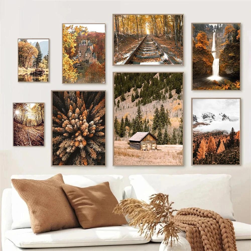 Poster pemandangan musim gugur, jalur hutan, daun-daun, seni dinding ...