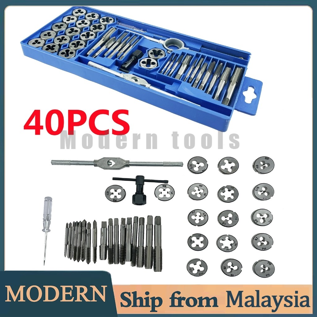 40Pcs M3-M12 Screw Nut Tap and Die Set with Wrenches and Thread Gauge Heavy Duty Hand Tools ...