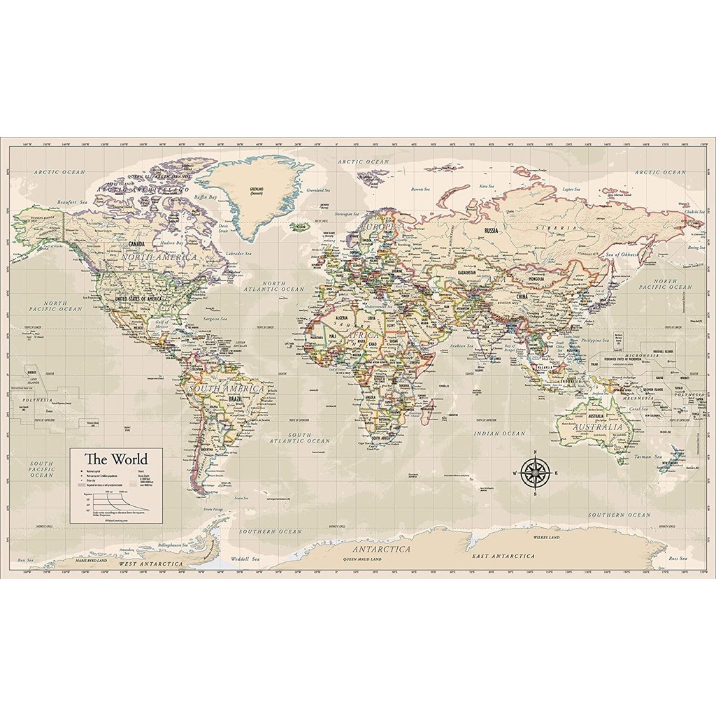 Antique Style Laminated World Map Wall Chart Map of the World Made in ...