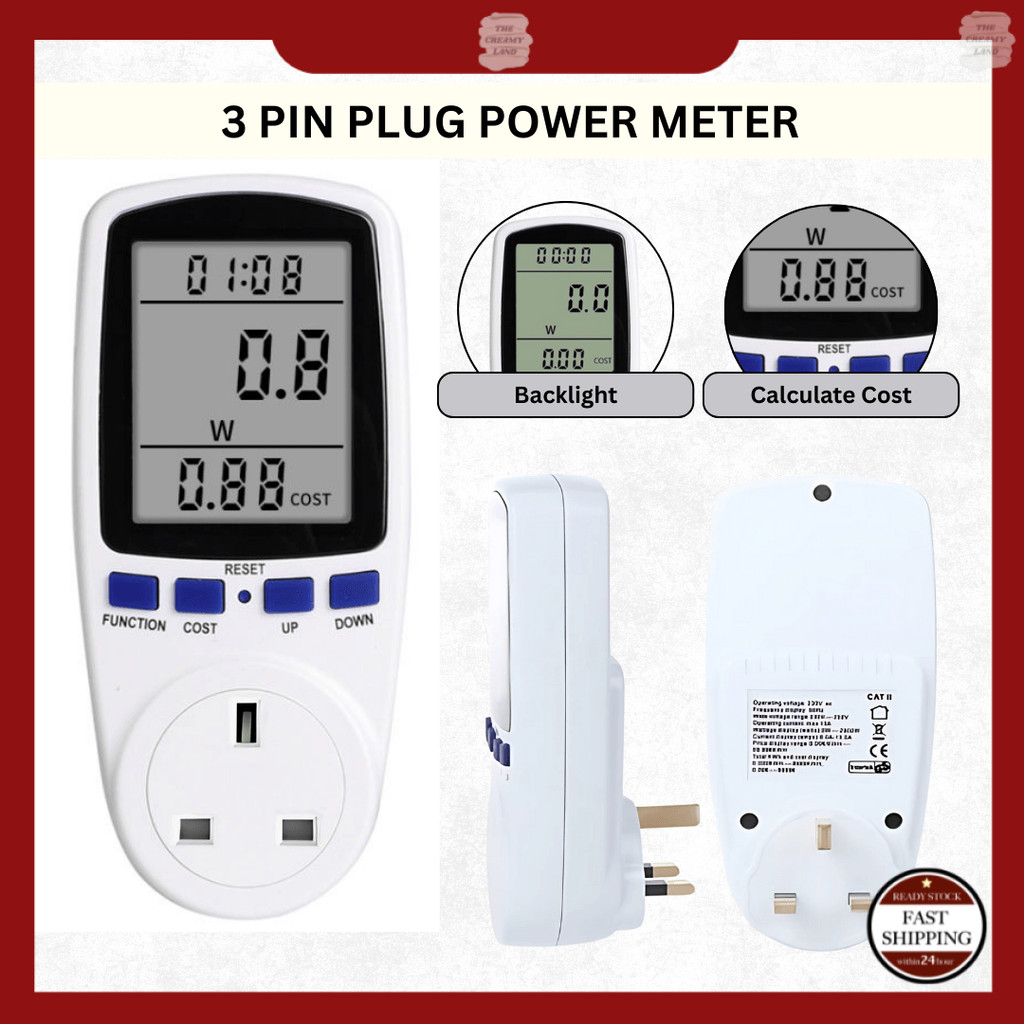 3 Pin Plug Power Meter Energy Monitor Backlight Voltage Current Alat ...