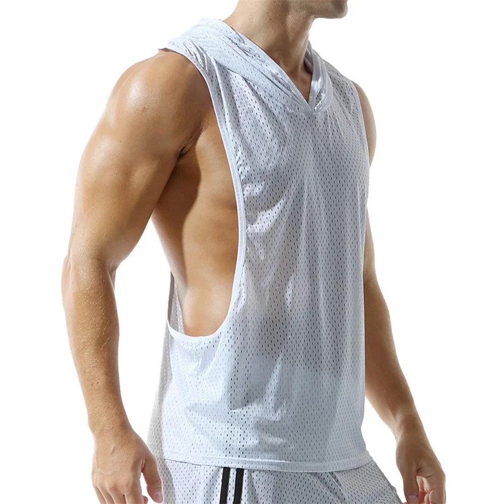 Men Mesh Tank Tops Hooded Breathable Sleeveless Shirts Sports Workout ...