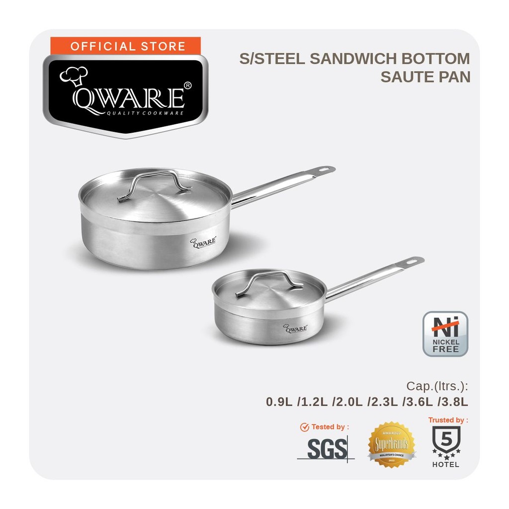 Qware 3-Ply Stainless Steel Sandwich Bottom Saute Pan with Lid (0.9/1.2 ...