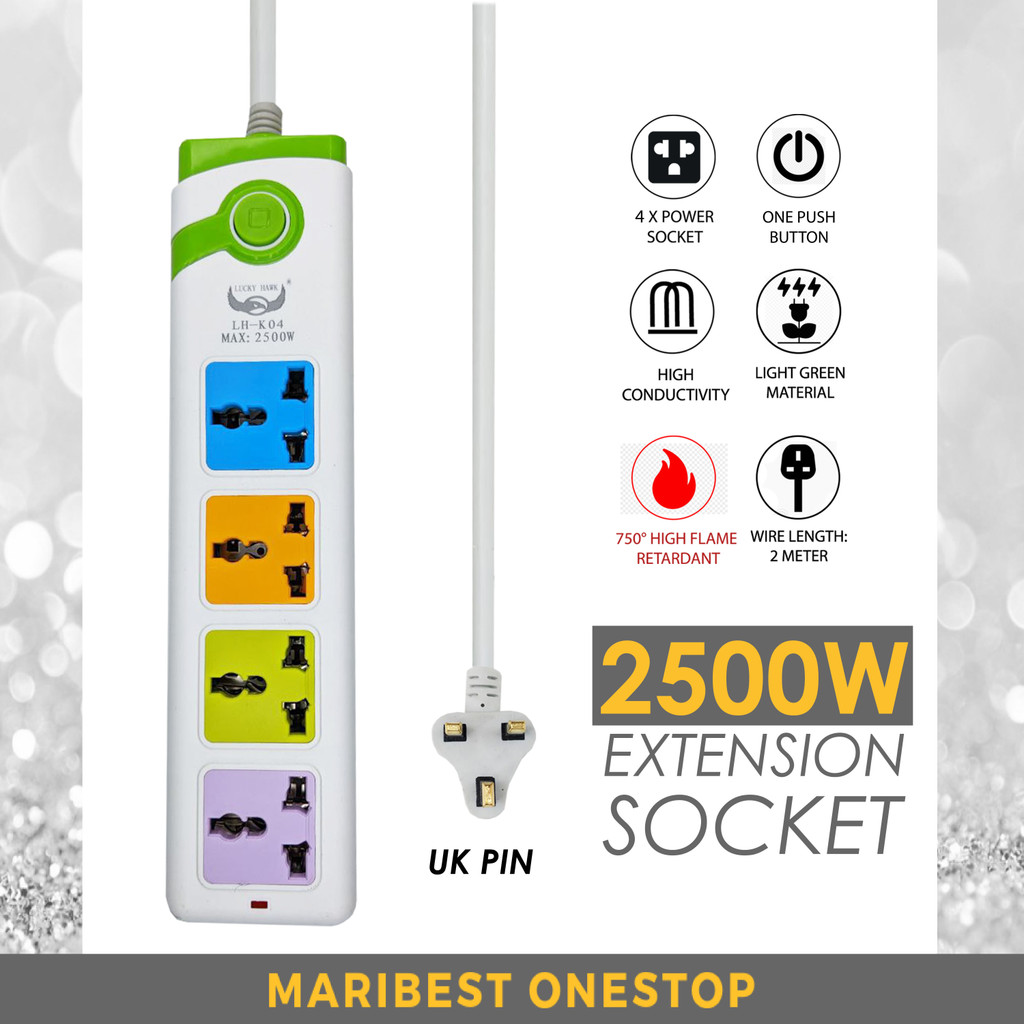 MY(RANDOM COLOUR) LUCKY HAWK LH-K04 4 EXTENSION SOCKET 2500W 2-Meter ...