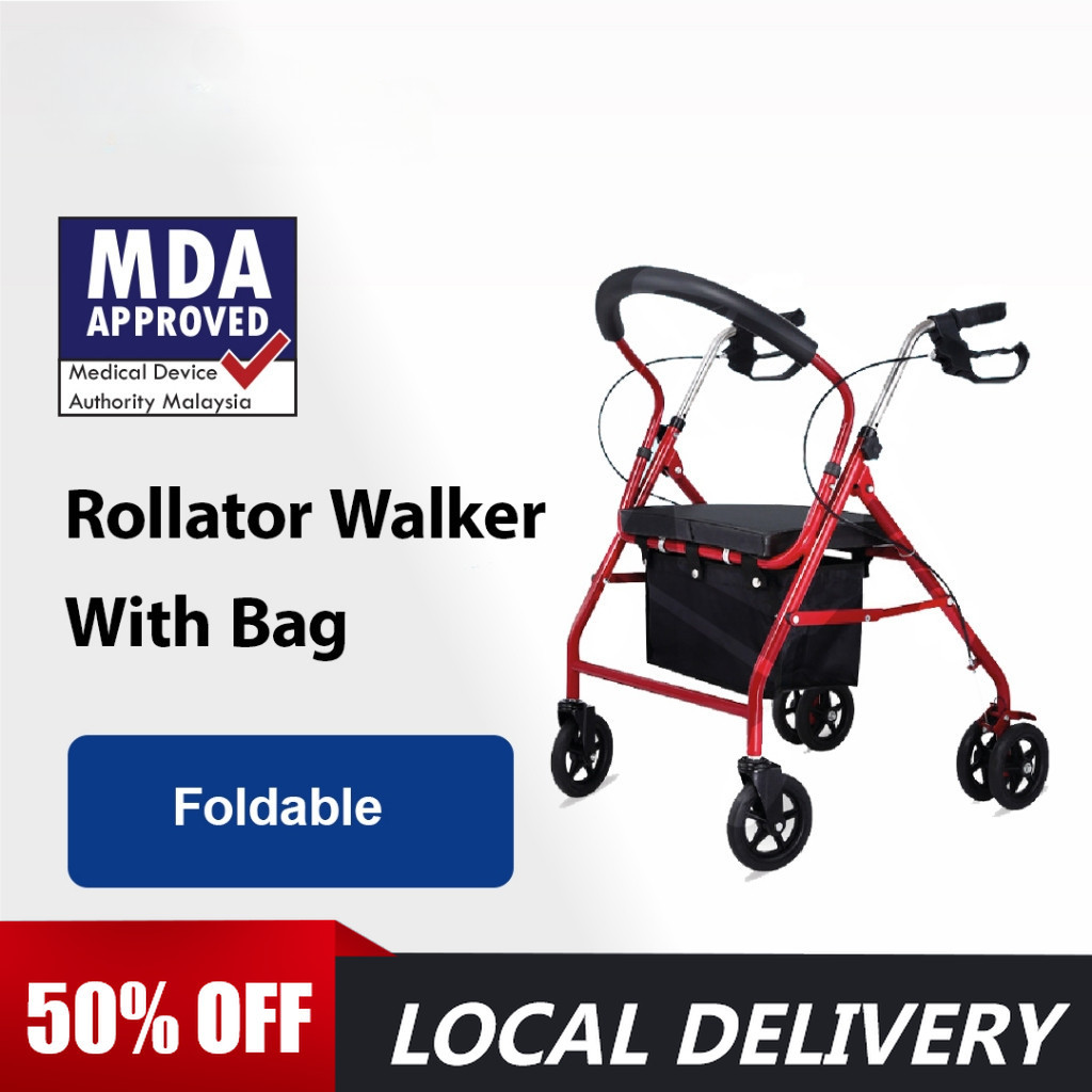 Foldable Lightweight Rollator Walker with Seat & Wheels - 4-Wheel Frame ...