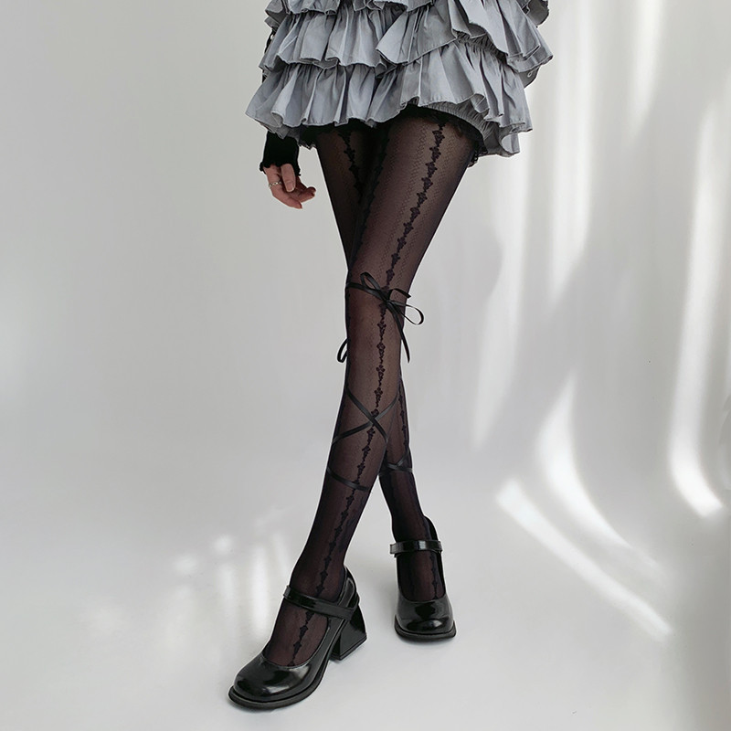 JK Lolita Tights Pantyhose Women Japanese Style Bandage Bowknot Thigh ...