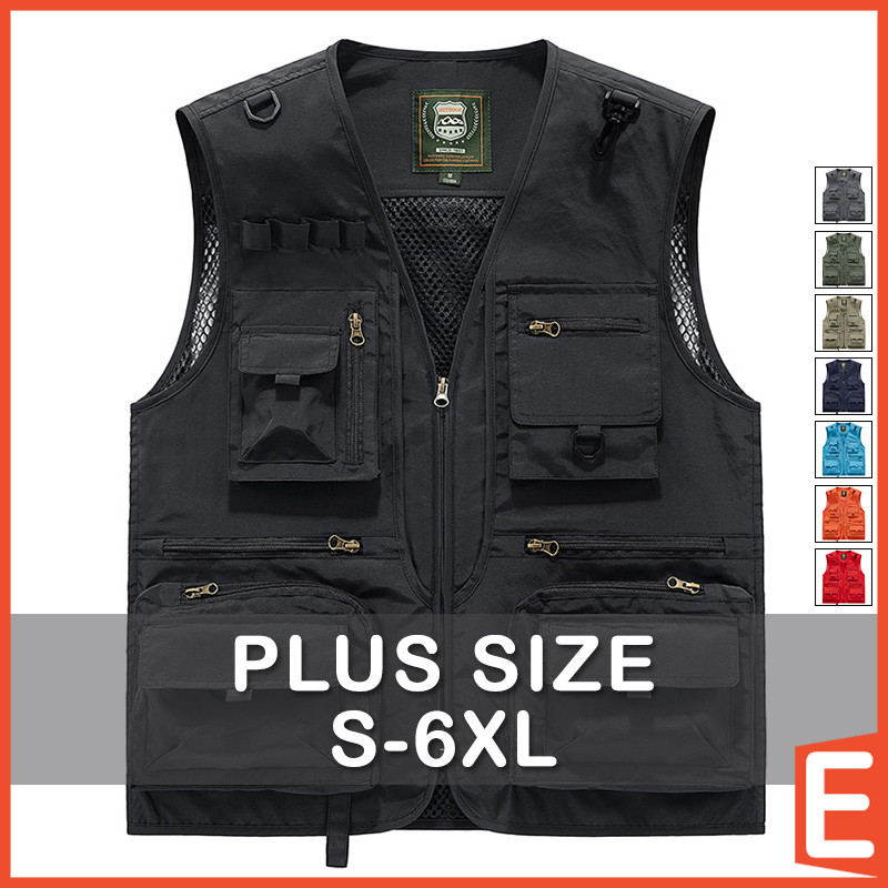 [S-6XL] Plus Size Vest Men Casual V Neck Sleeveless Multi-Pocket Jacket ...