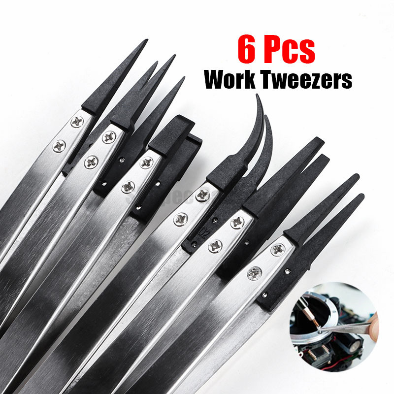 6 Pcs Work Tweezers Stainless Steel Antistatic Plastic Tweezers Watch ...