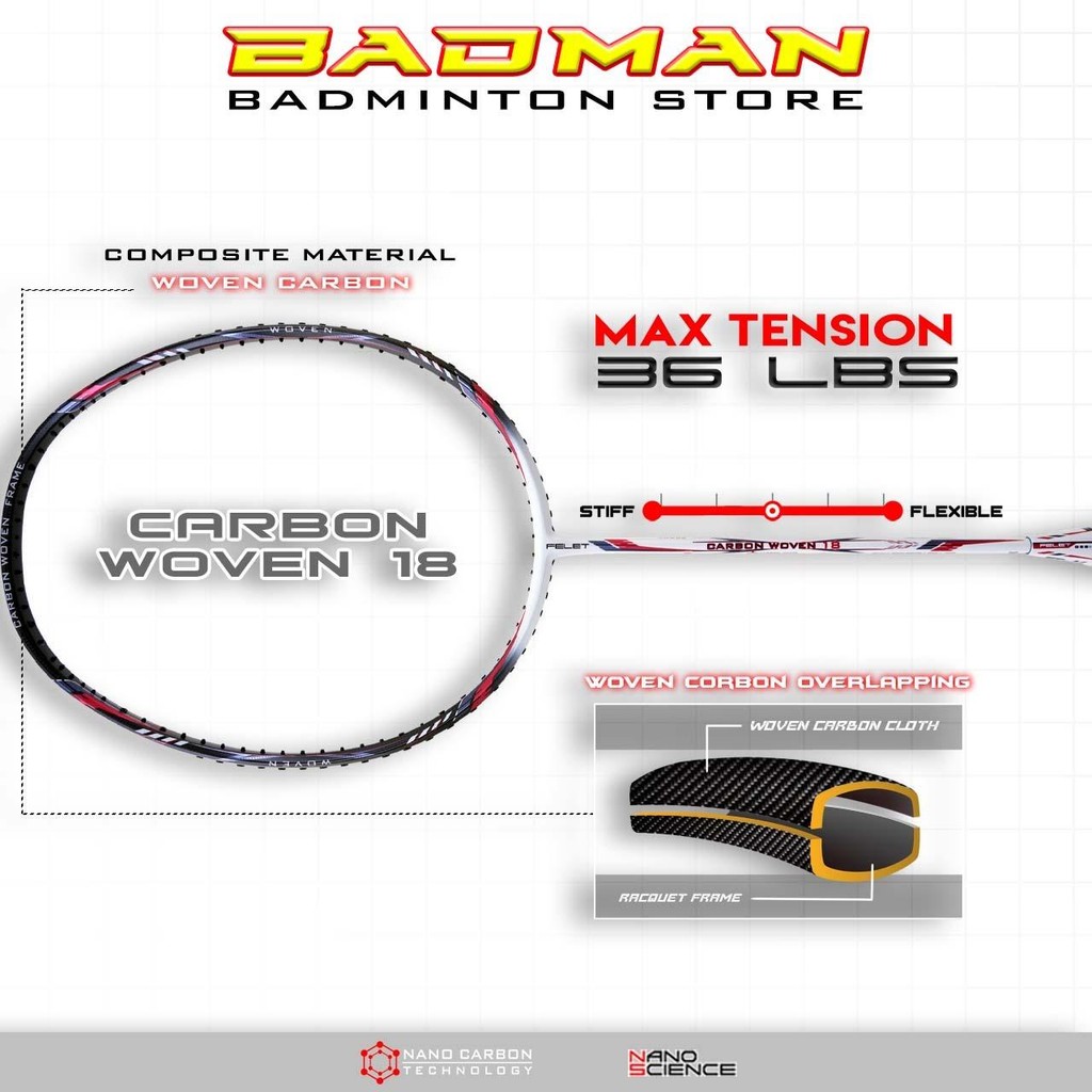 Felet Carbon Woven 18 Badminton Racquet M-Series Racket 4u 82gram Max ...