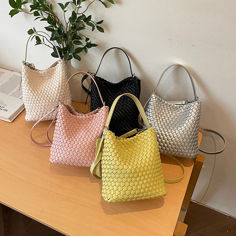 Korean Version Ladies Bucket Bag Fashionable Woven Handbag Ladies Two ...