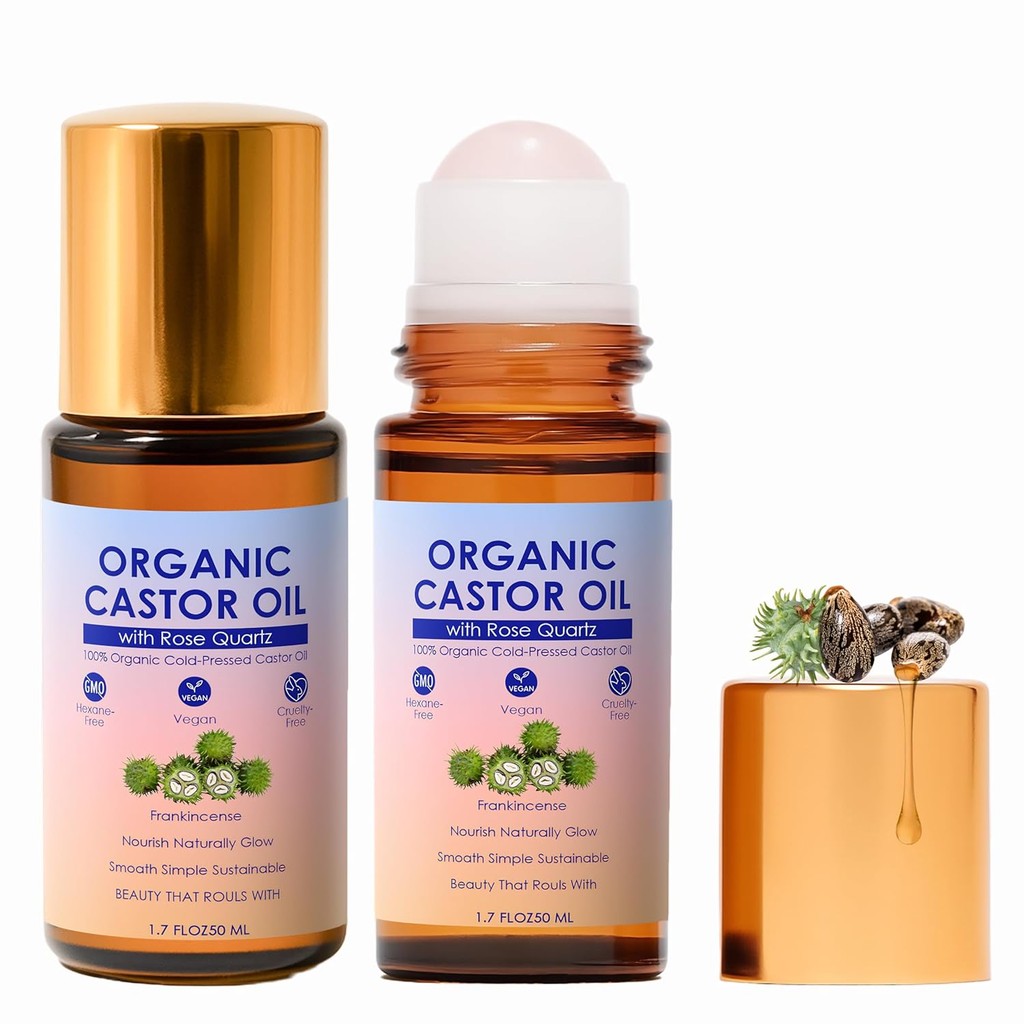 Organic Castor Oil with Rose Quartz Roller, 100% Pure Cold-Pressed ...