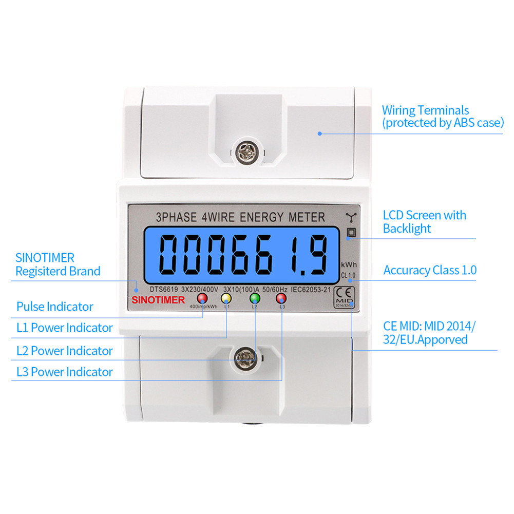3 Phase 4 Wires Electricity Usage Meter Din Rail KWh Meter 100A Power ...