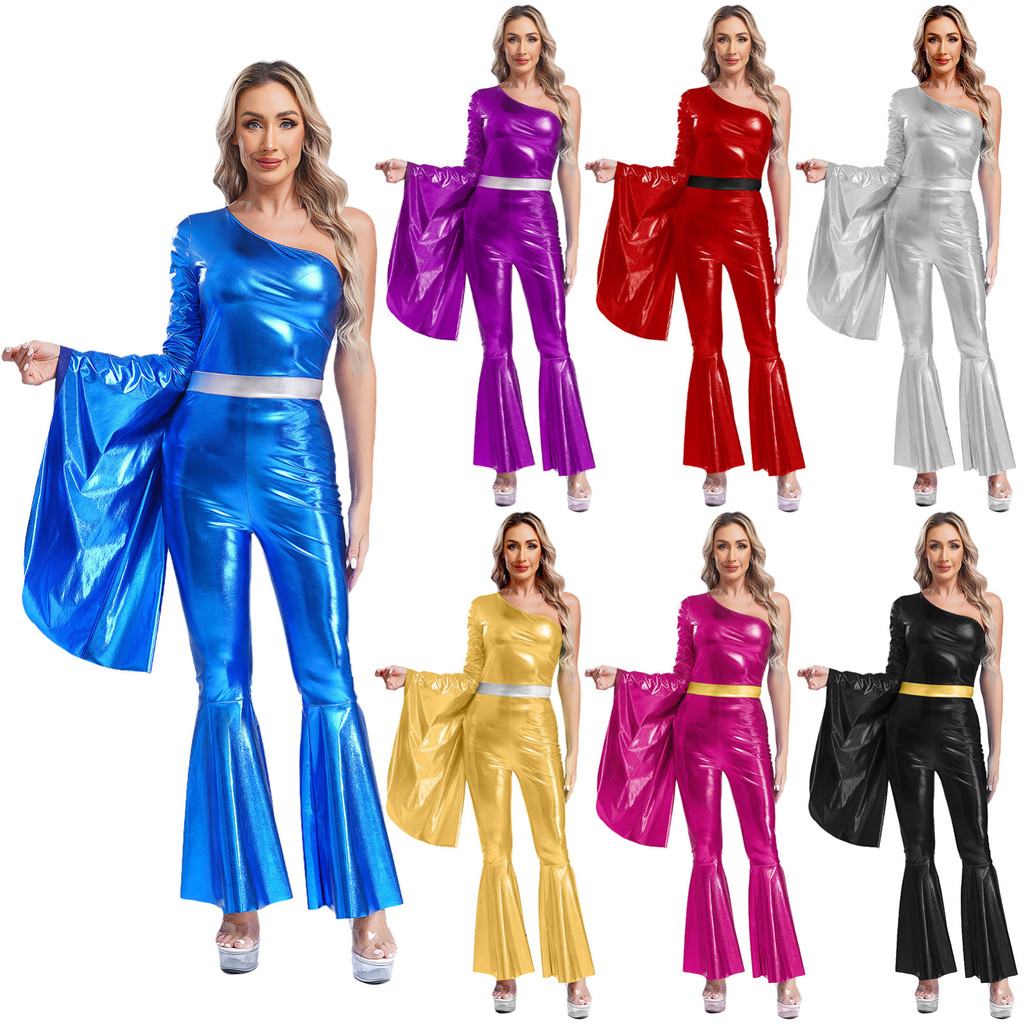 Yeahdor Women 70s Disco Dance Costume One Shoulder Single Long Sleeve ...