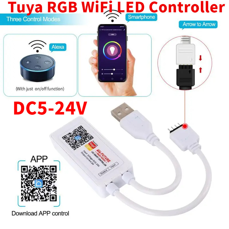 DC5-24V Tuya RGB WiFi LED Controller USB/DC Timer Modes For 2835 5050 ...