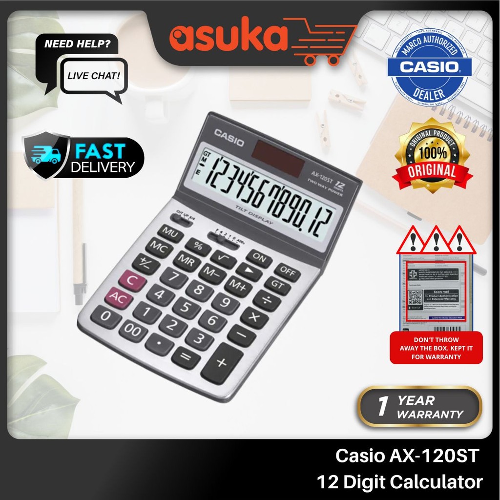 [Adjustable Tilt Display] Casio AX-120ST 12 Digit Calculator Original / Percentage / Mark-up ...