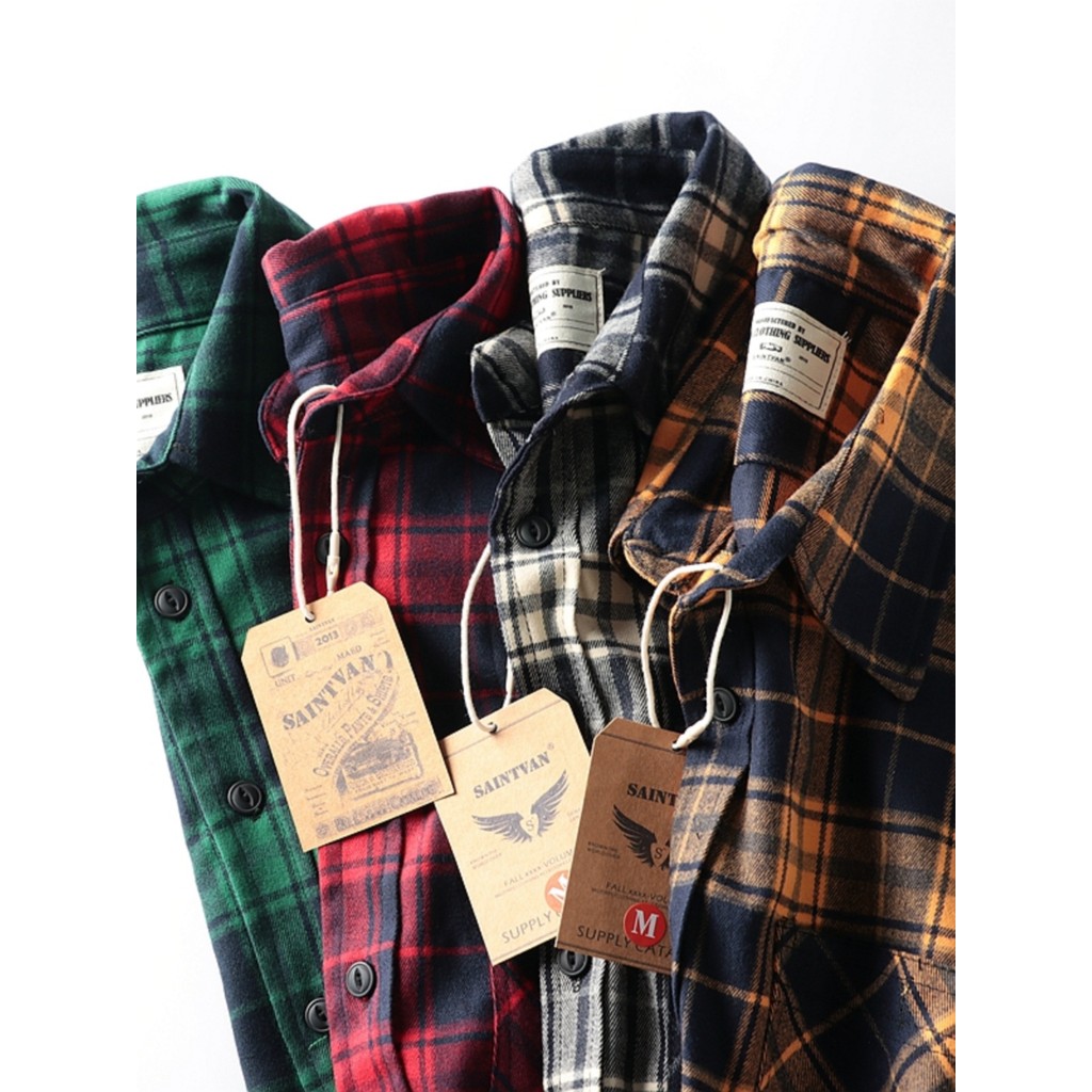 Baju lengan panjang kotak-kotak lapang lelaki gaya Amerika retro Ami ...