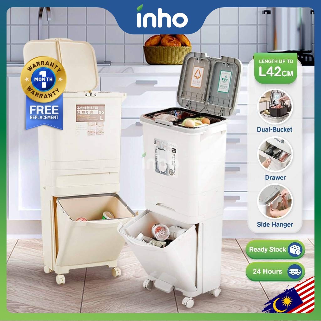 INHO 42/50L Large Movable Household Sorting Trash Plastic With Wheels ...