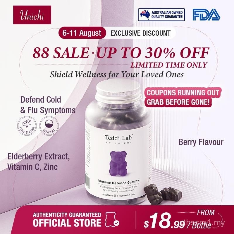Unichi Elderberry Immune Defense Gummy, Vitamin C, Perisa Zink Berry ...