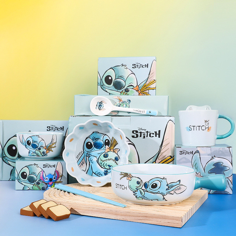 Disney Stitch Ceramic Tableware Set Mug Bowl Spoon Chopsticks Water Cup ...