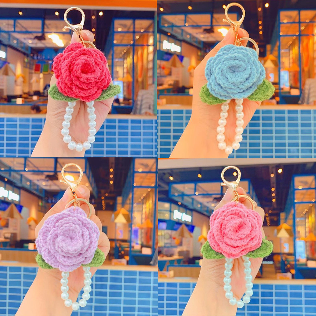 Teacher's Day Gift Crocheted Rose Keychain Knitted Handmade Wool ...