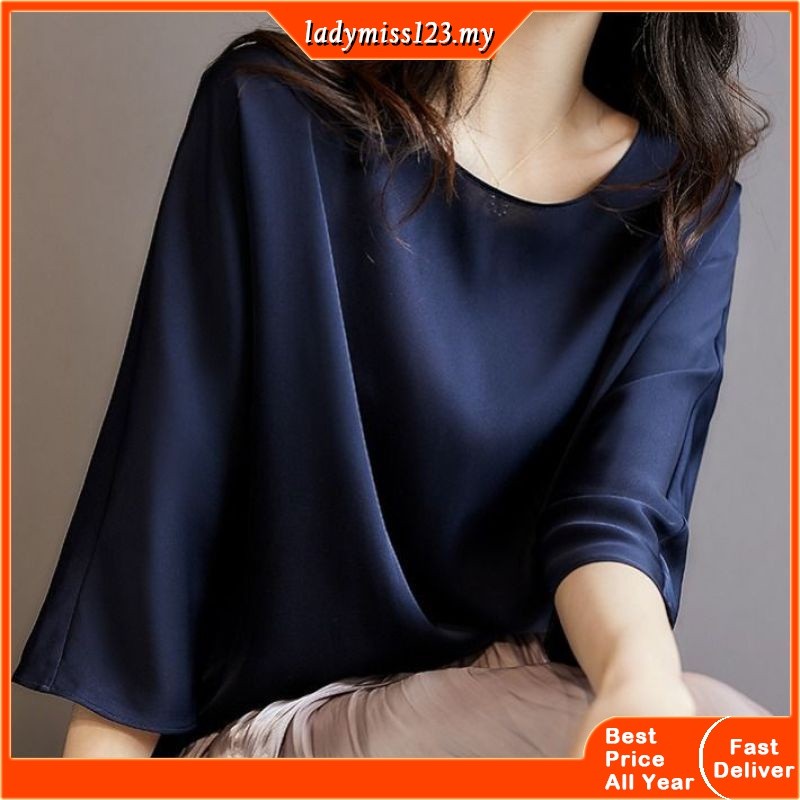 Satin Blouse Women Long Bat Sleeve Korean Style Casual Loose Ladies ...