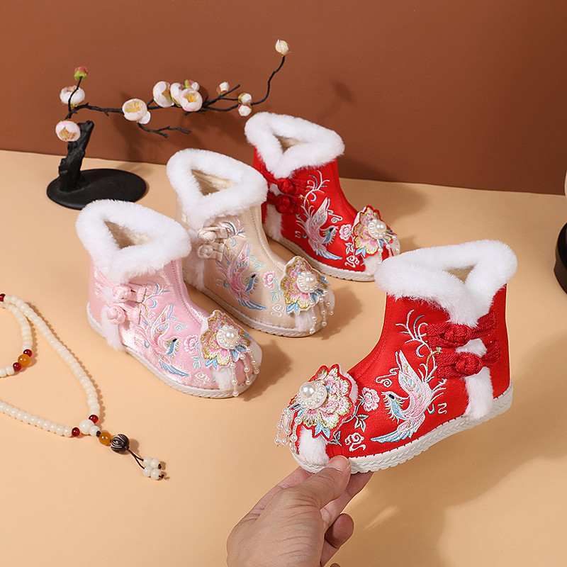 Winter Kids Chinese Shoes 2-12 Years Girls Velvet Boots Hanfu ...