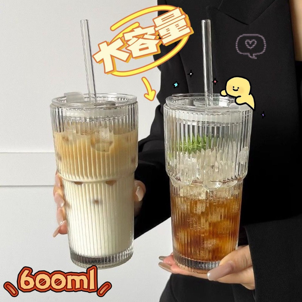 Cawan Jerami Gaya Ins Kapasiti Besar dengan Penutup Cawan Kaca Berjalur ...