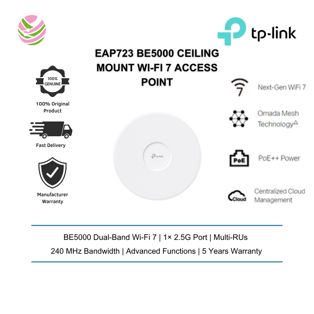 TP-Link EAP723 BE5000 Ceiling Mount Wi-Fi 7 Access Point with 240 MHz ...