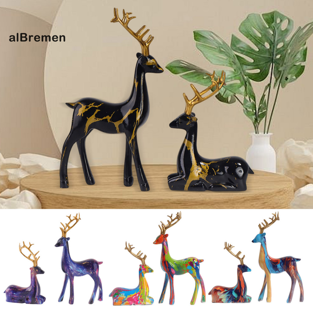 (New) Deer Statue Ornaments Reclining Reindeer Ornament Set of 2 Resin ...