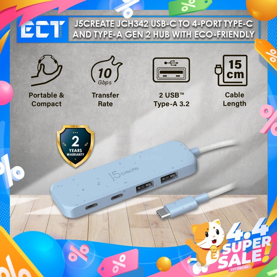 j5create JCH342 USB-C to 4-Port Type-C and Type-A Gen 2 Hub with Eco ...