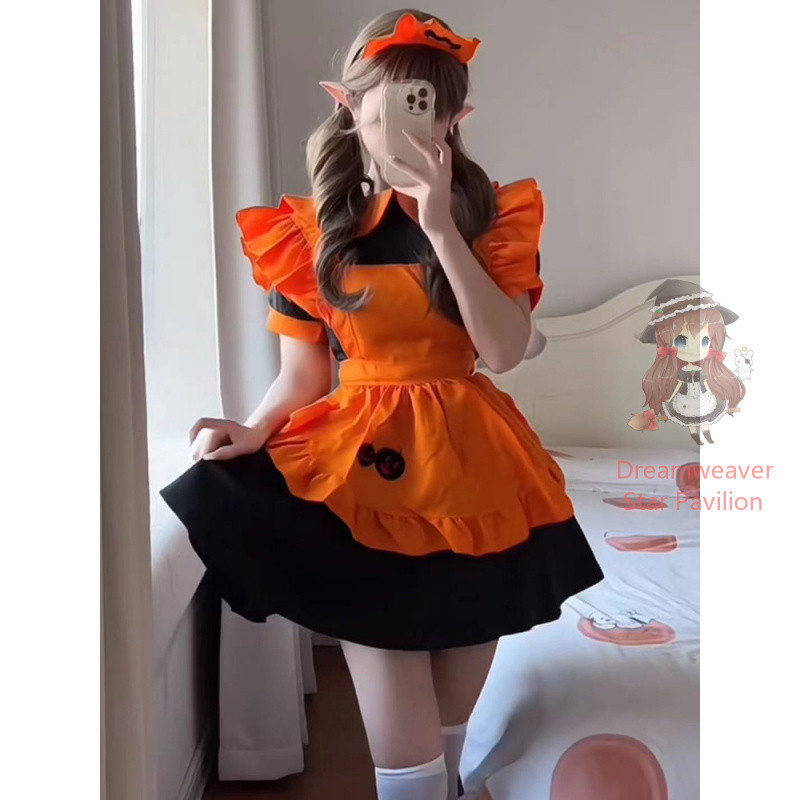 Halloween Cosplay Orange Maid Dress Up Embroidery Bat Pumpkin Short ...
